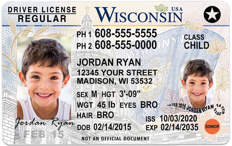 Wisconsin Kid Driver License for Children Under 12 Child ID | Etsy