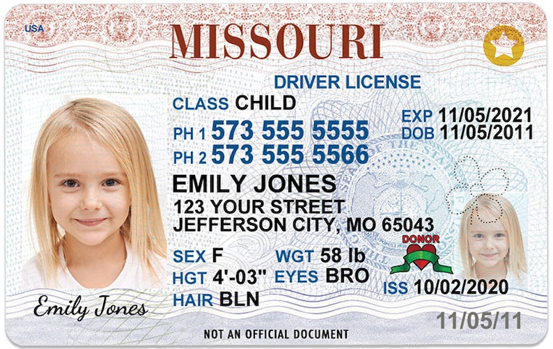 Missouri Kid Driver License for Children Under 12 Child ID | Etsy