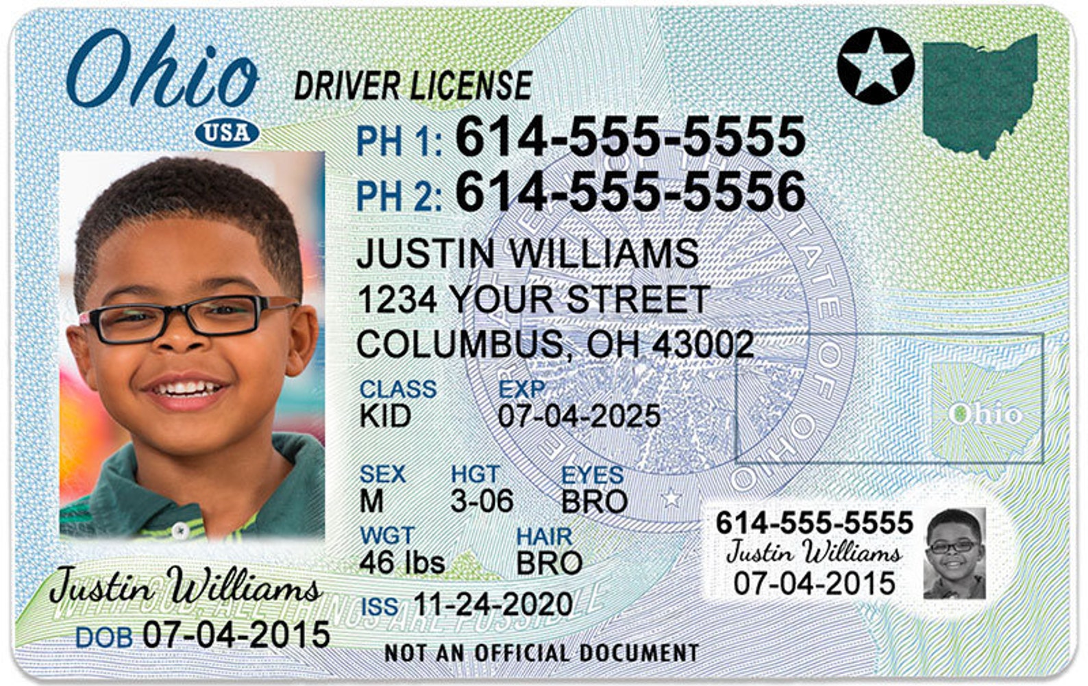 Ohio Kid Driver License for Children Under 12 Child ID Card | Etsy