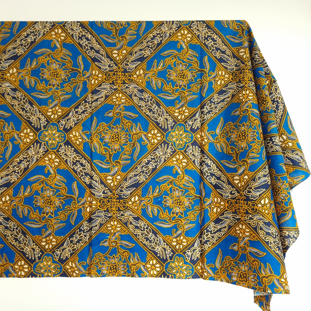 Indonesian Batik Fabric Handprint Blue Floral Oriental Tapestry Home ...