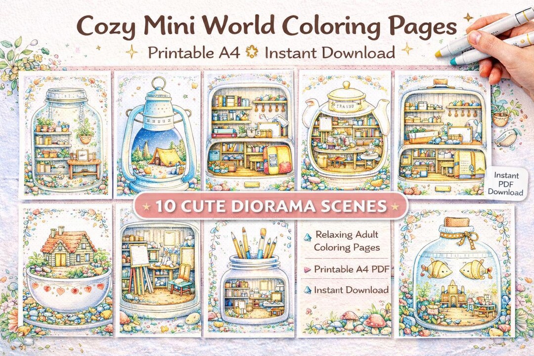 Cozy Mini World 10 Coloring Pages Printable A4, Cute Diorama Coloring ...