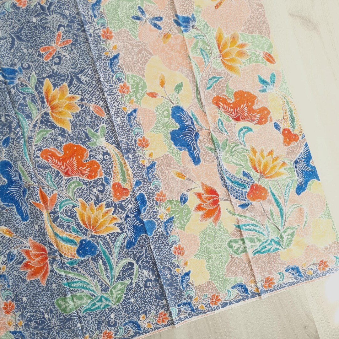 Butter Yellow Blue Batik Fabric Koi Fish Lotus Floral Print 100% Cotton ...