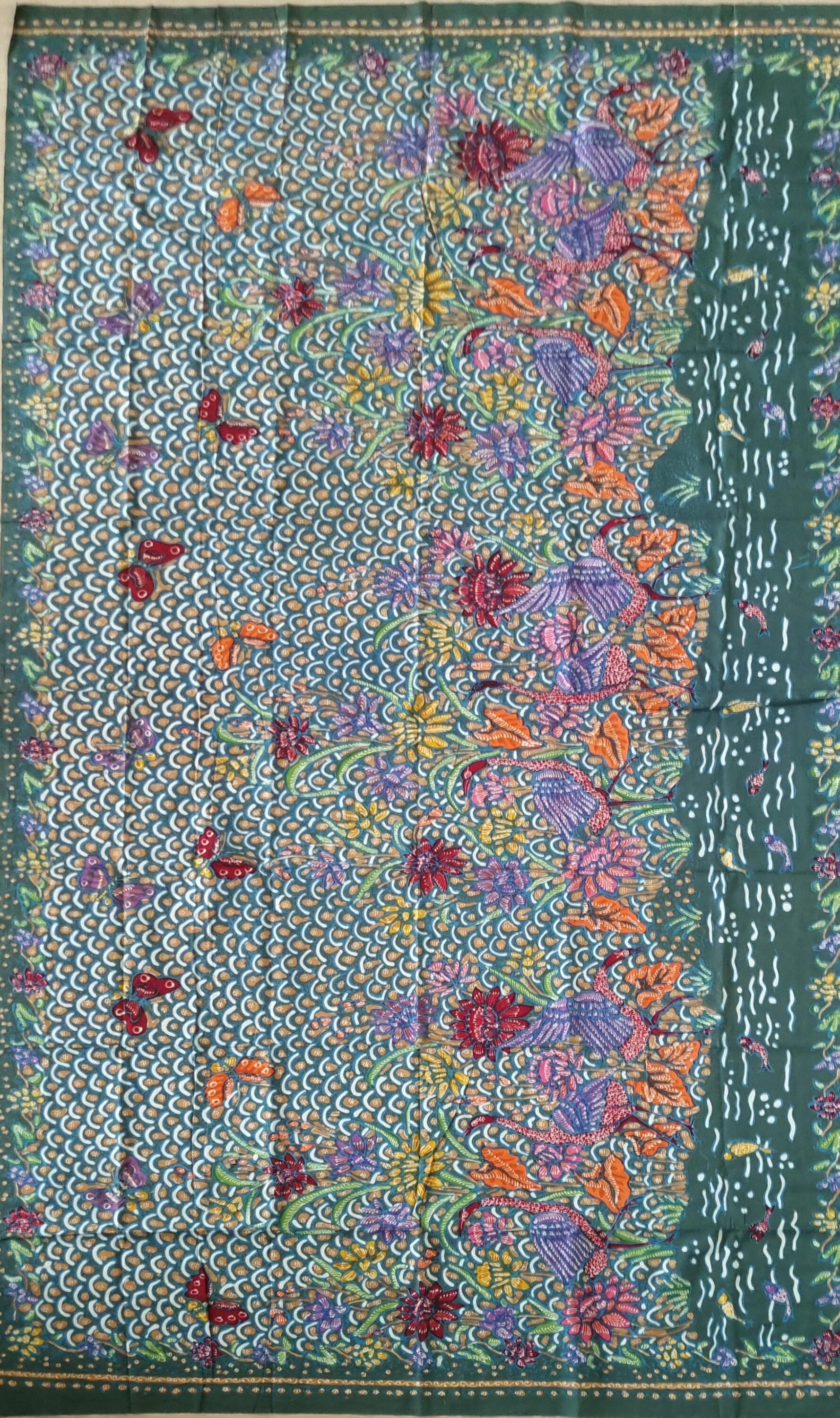 Indonesian Batik Tulis Crane Bird Fish Pond Teal Green Tapestry 100% ...