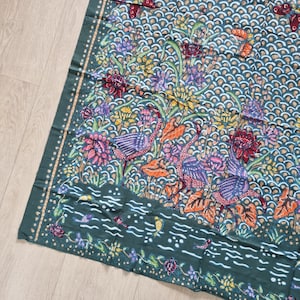 Indonesian Batik Tulis Crane Bird Fish Pond Teal Green Tapestry 100% ...