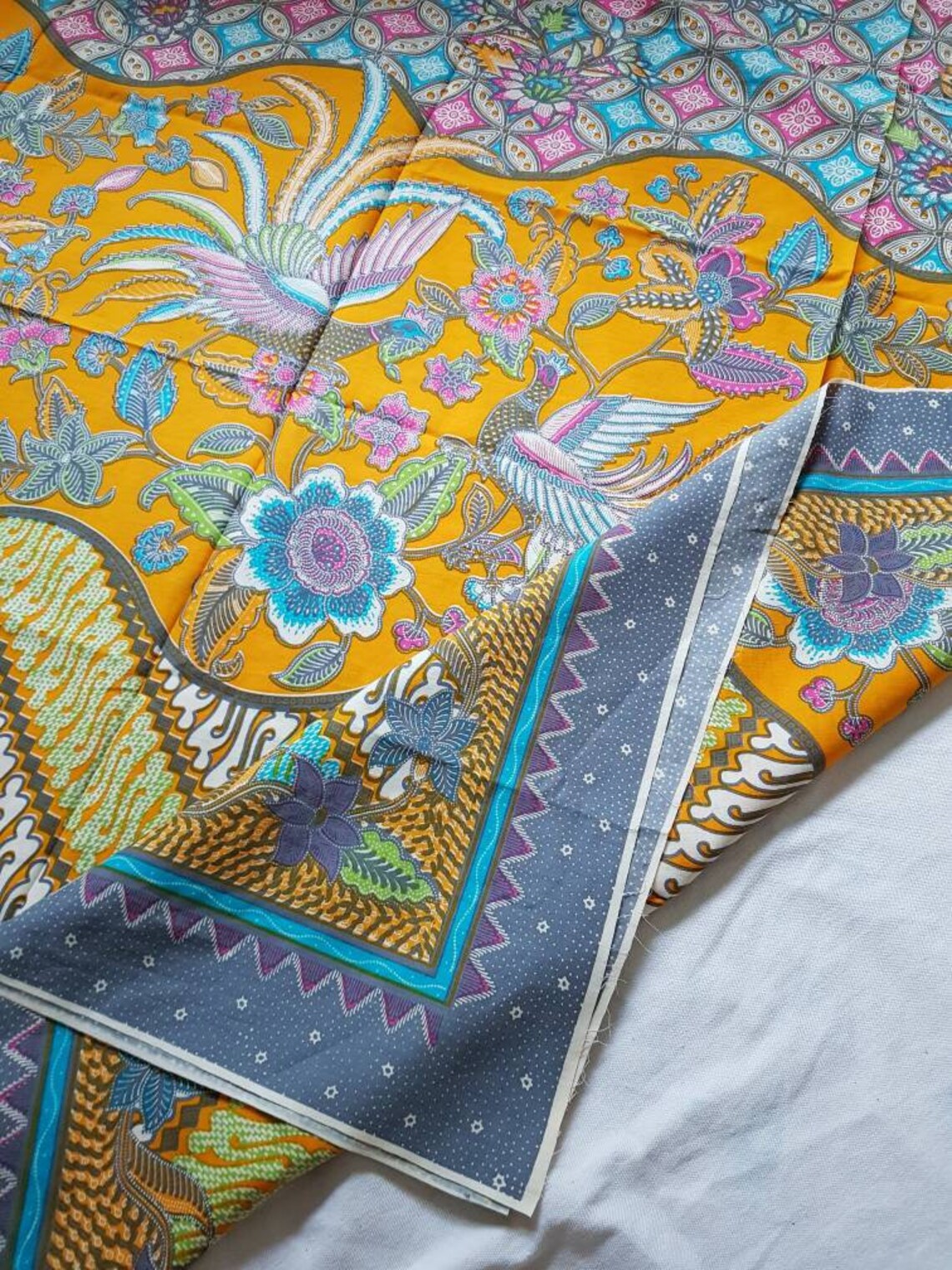 Indonesian Batik Fabric Handprint Yellow Pink Blue Phoenix - Etsy