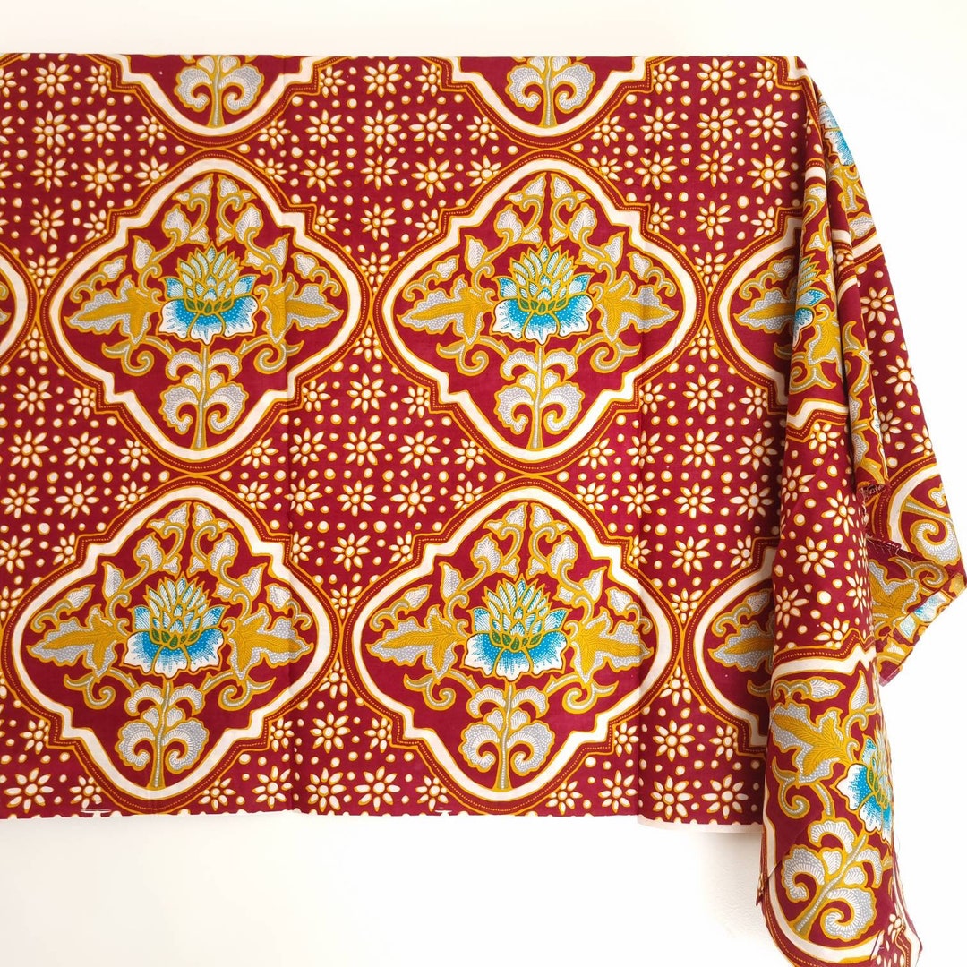 CLEARANCE Indonesian Batik Fabric Handprint Red Yellow Peony Lotus ...