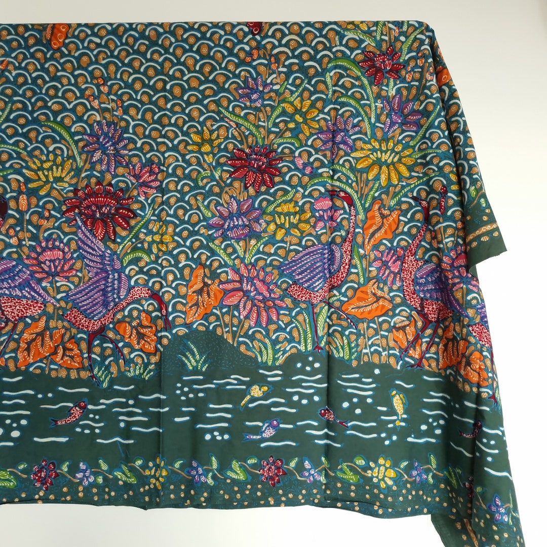 Indonesian Batik Tulis Crane Bird Fish Pond Teal Green Tapestry 100% ...