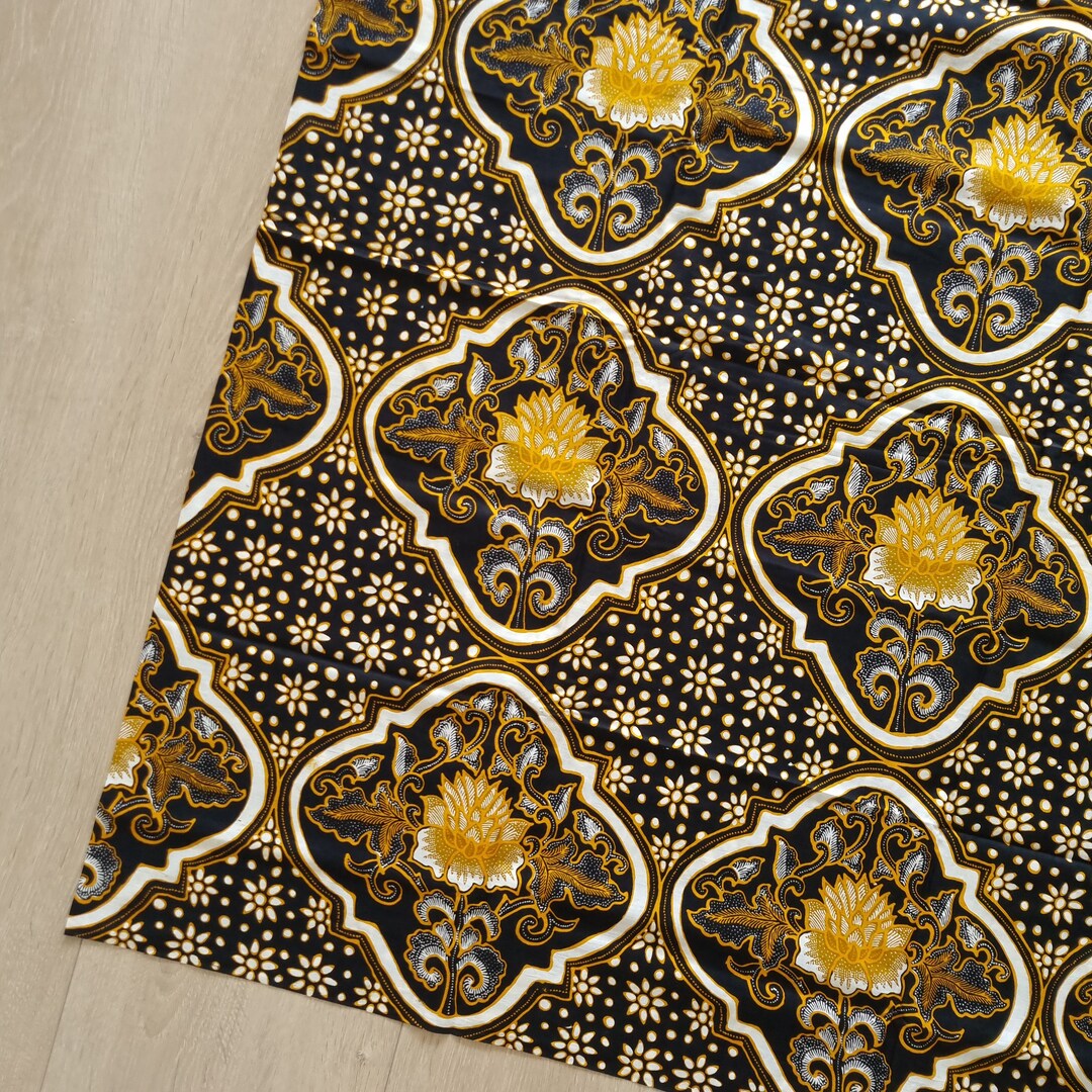 Indonesian Batik Fabric Handprint Black Yellow Peony Lotus Oriental ...