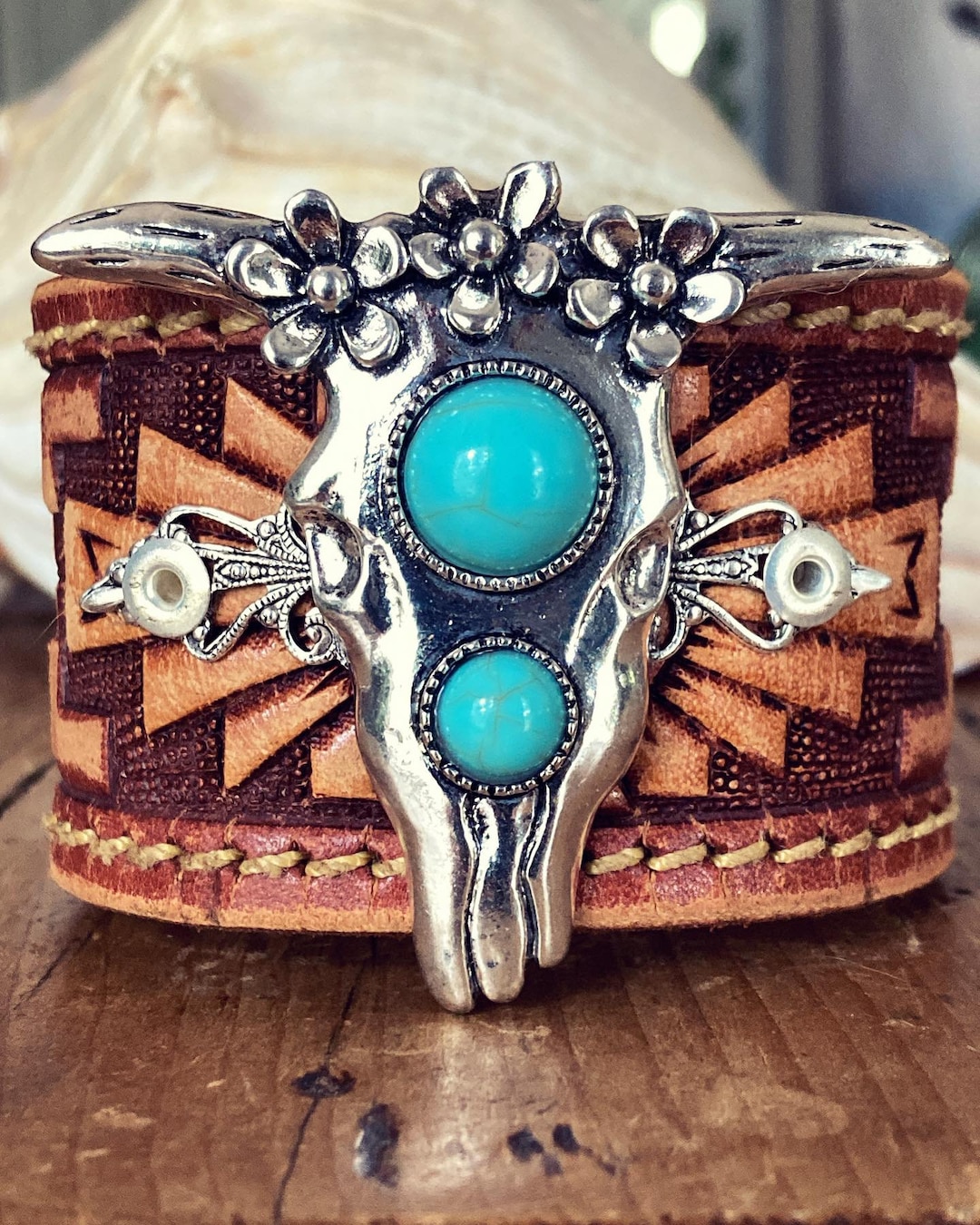 Steer Skull Leather Cuff, Cow Skull Leather Cuff, Western Turquoise ...