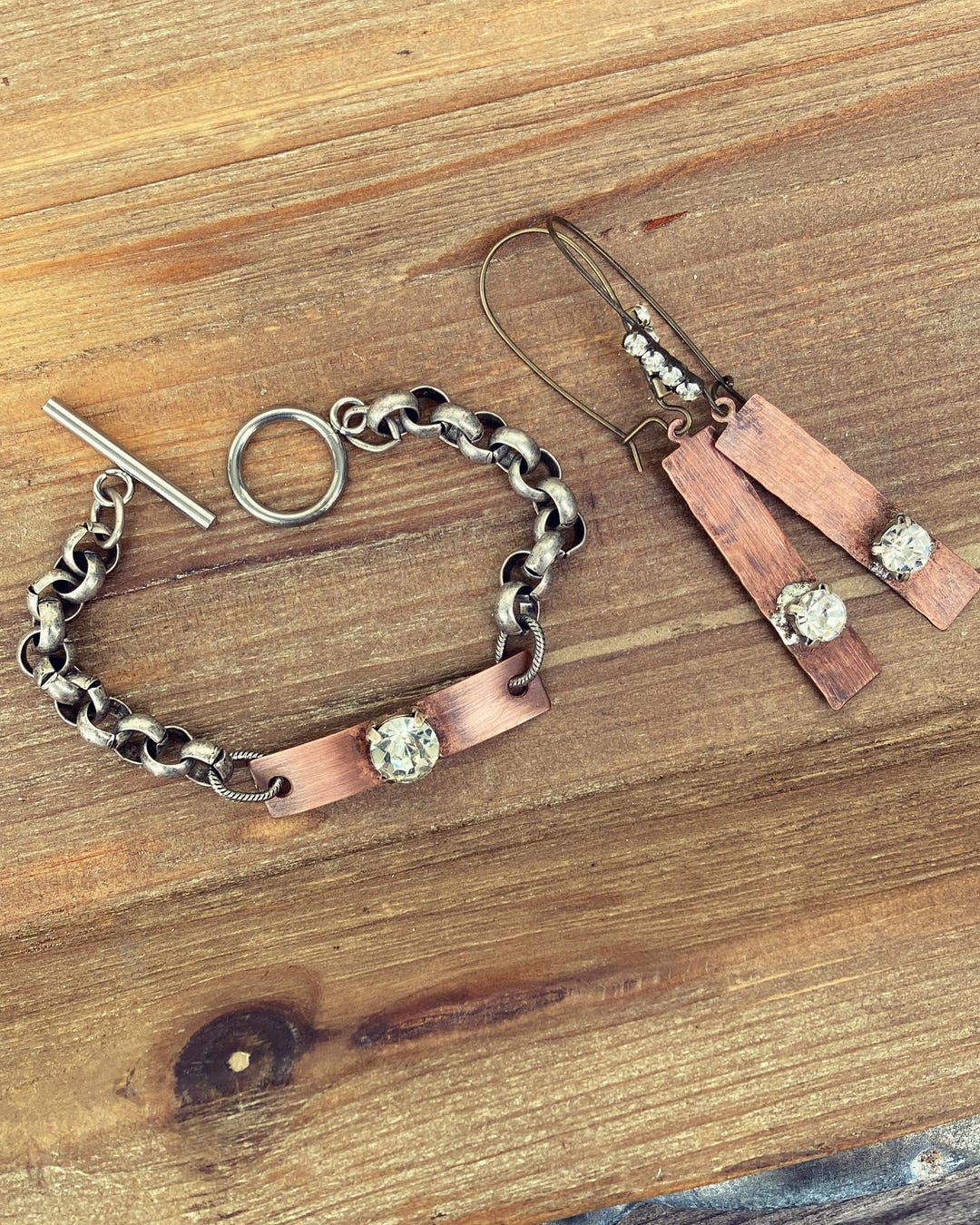 Rustic Aged Copper Rhinestone Bar Bracelet, Copper Bar Bracelet ...