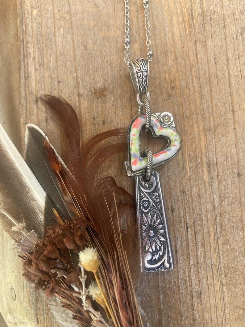 Floral Spoon Pendant Necklace, Porcelain Heart Pendant Necklace ...