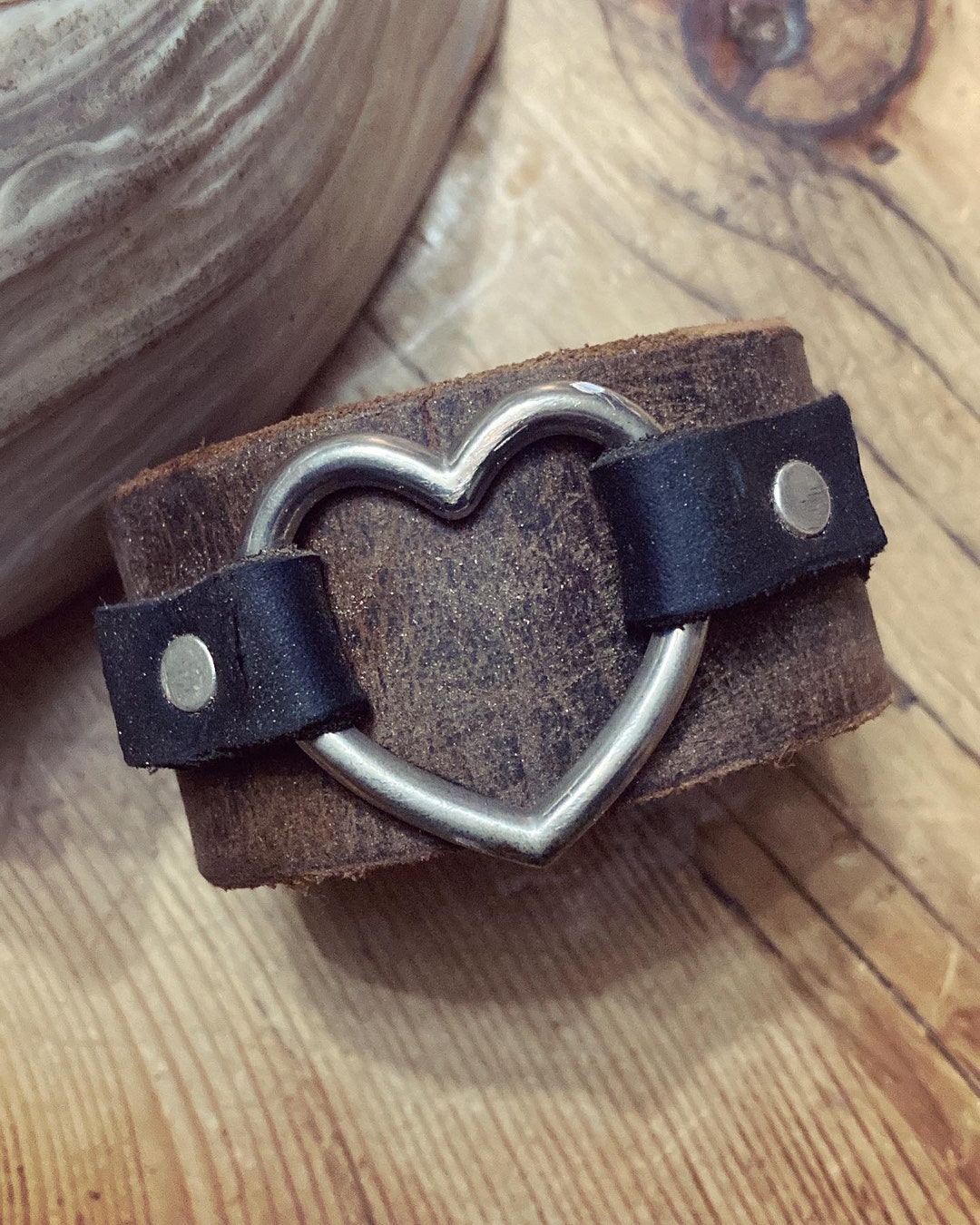 Distressed Leather Heart Cuff, Rustic Heart Leather Cuff, Cowgirl ...