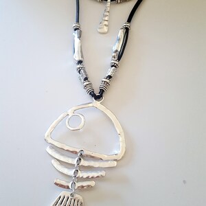 Double Statement Necklace, Woman Beaded Leather Necklace, Big Fishbone ...