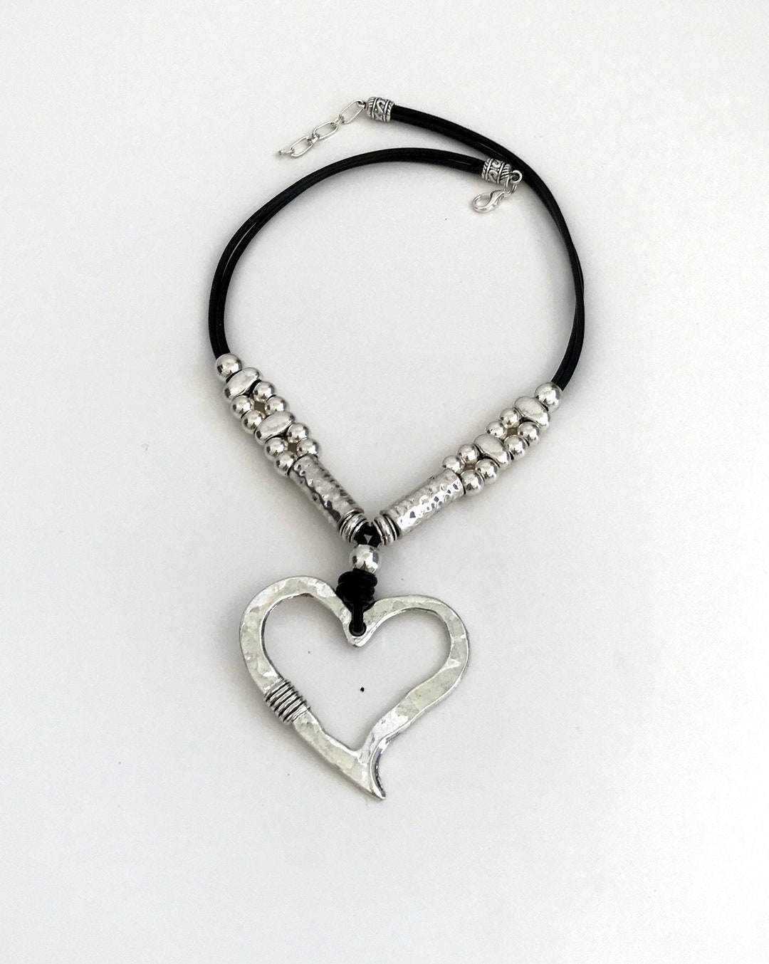 Big Heart Pendant, Woman Leather Necklace, Girlfriend, Beaded, Love ...