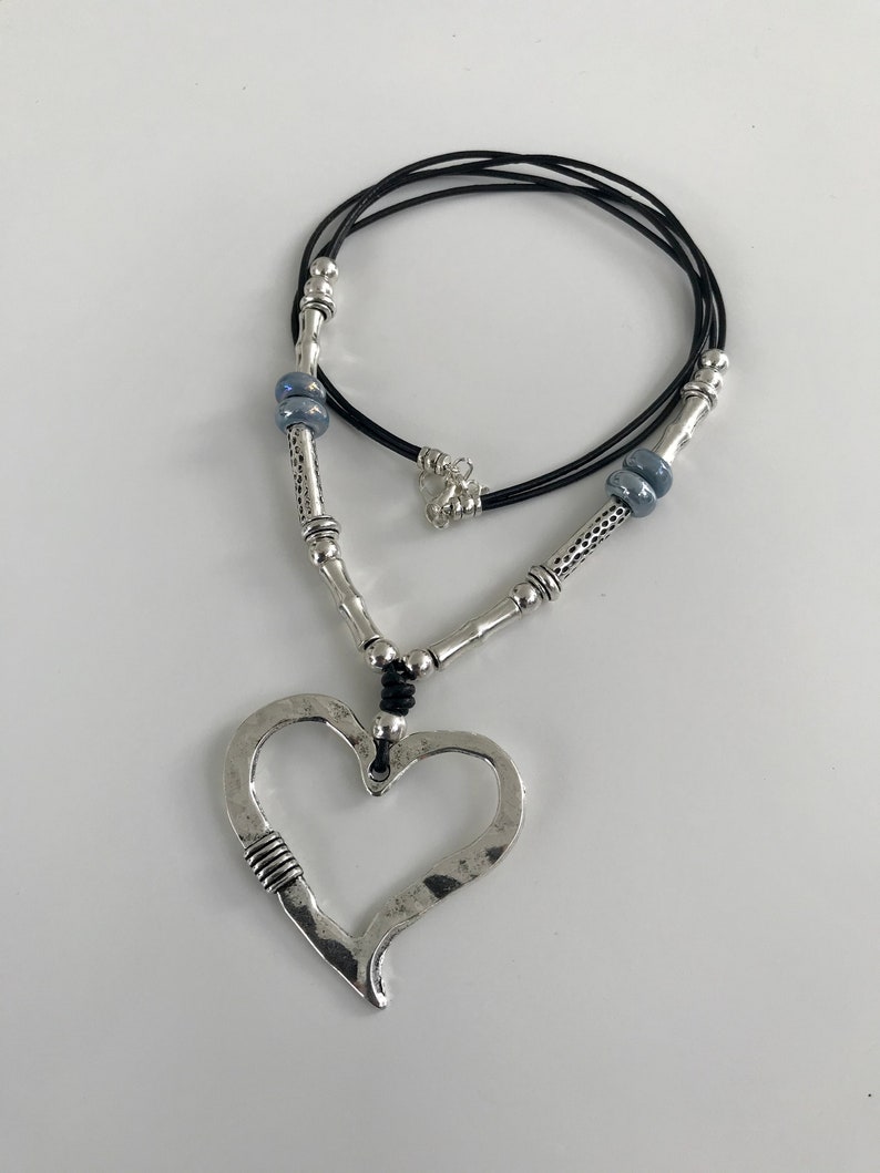 Long Heart Necklace, Woman Leather Necklace, Hippie, Love, Heart ...