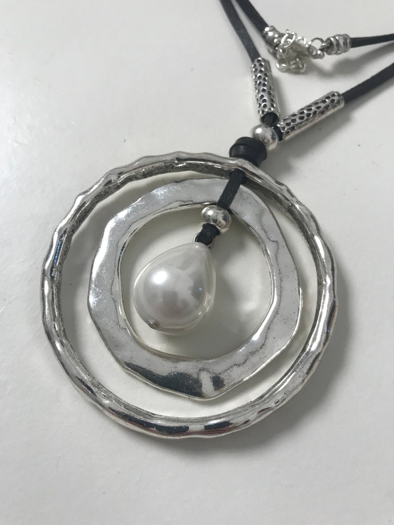 Long Leather Necklace Pendant Leather Necklace Pearl - Etsy