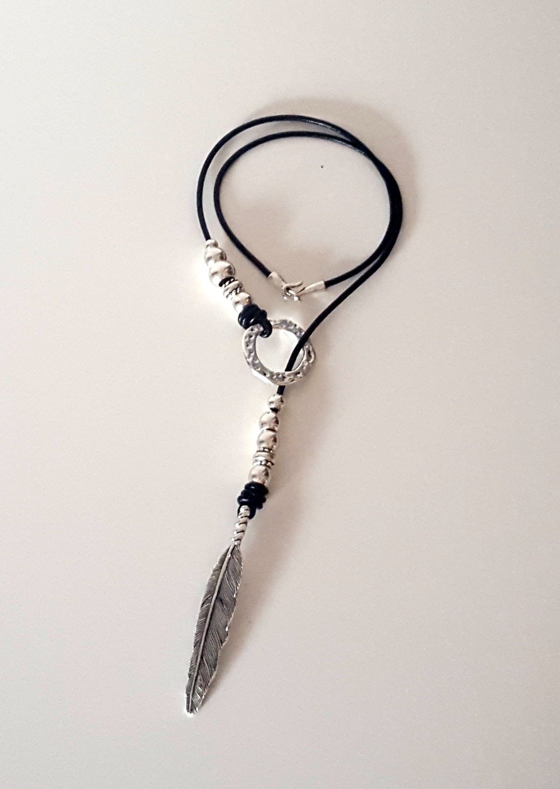 Woman leather Y necklace feather pendant necklace Boho | Etsy