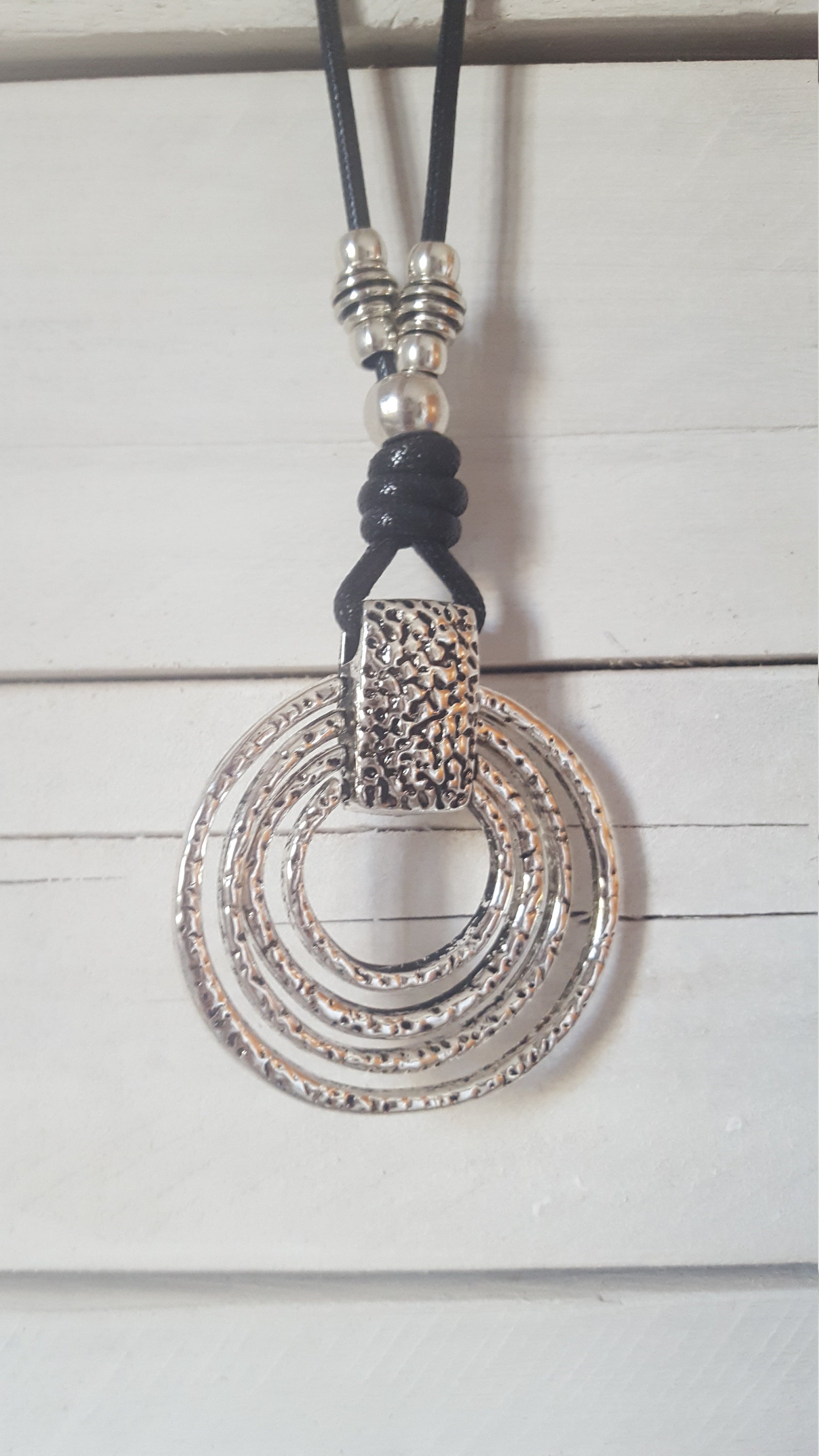 Long Leather Necklace, Round Pendant, Silver Pendant, Spiral Leather ...