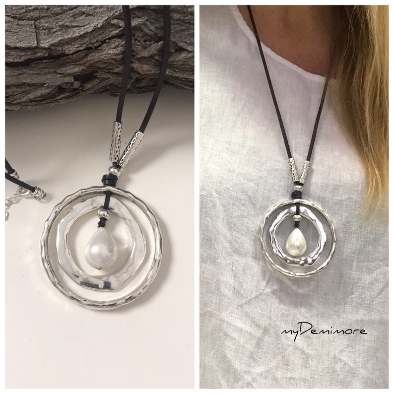 Long Leather Necklace Pendant Leather Necklace Pearl - Etsy