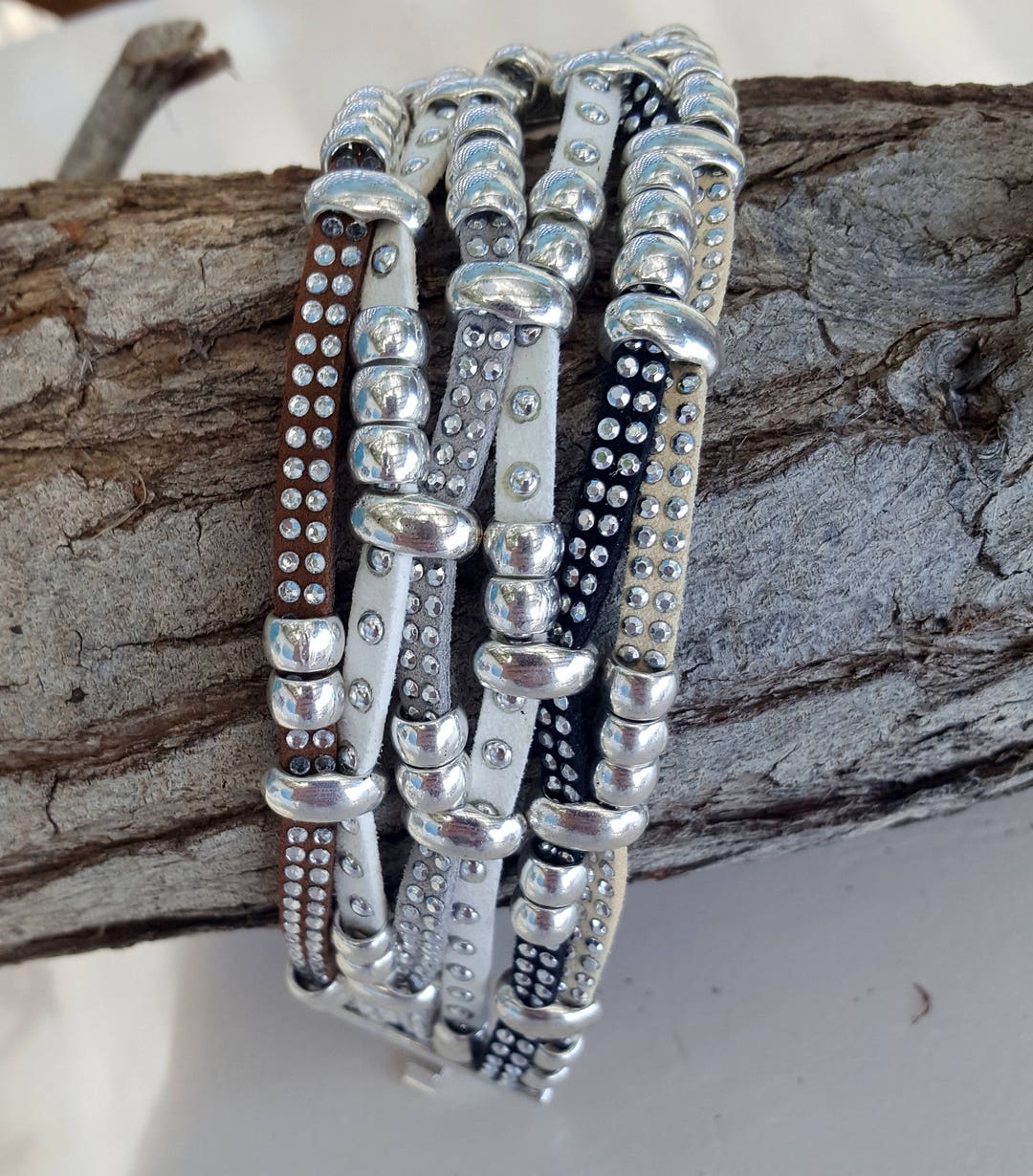 Wide Multistrand Bracelet With Mixed Materials and Metal Beads - Etsy