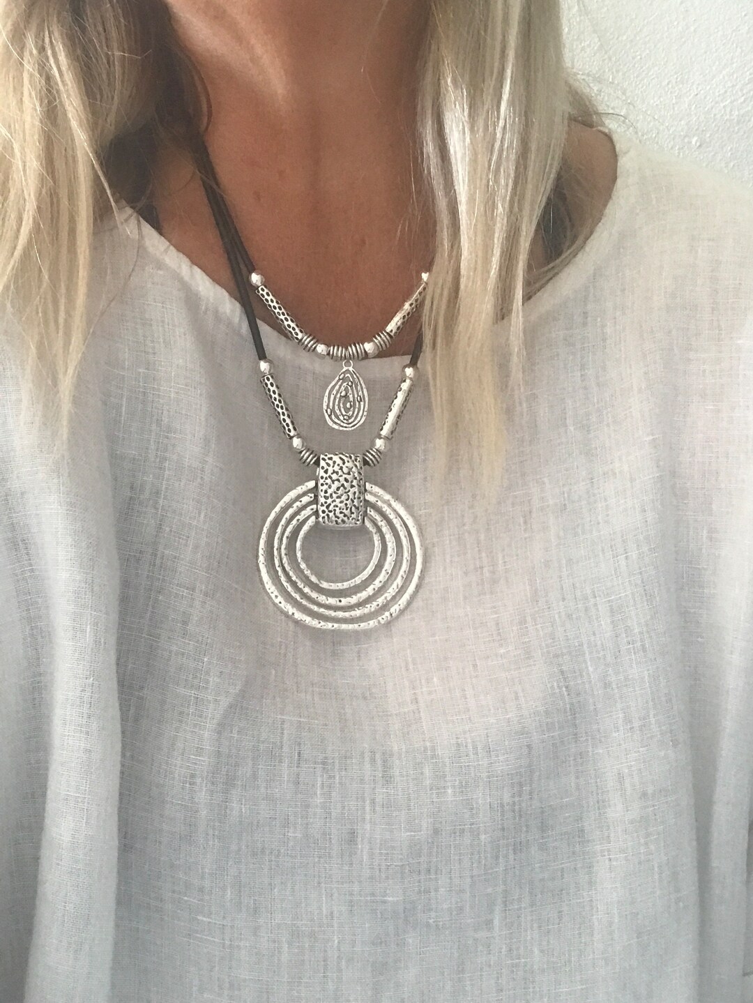 Layered Woman Leather Circle Pendant Necklace, Big Circle Pendant Leather Necklace, Woman ...