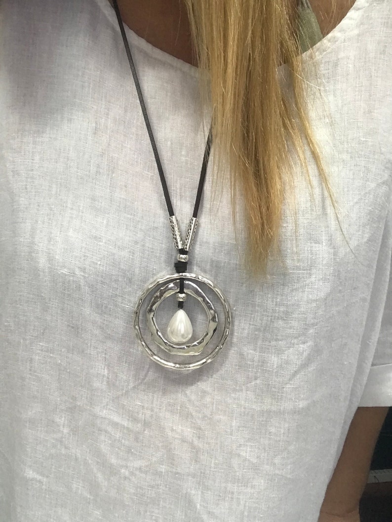 Long Leather Necklace Pendant Leather Necklace Pearl - Etsy