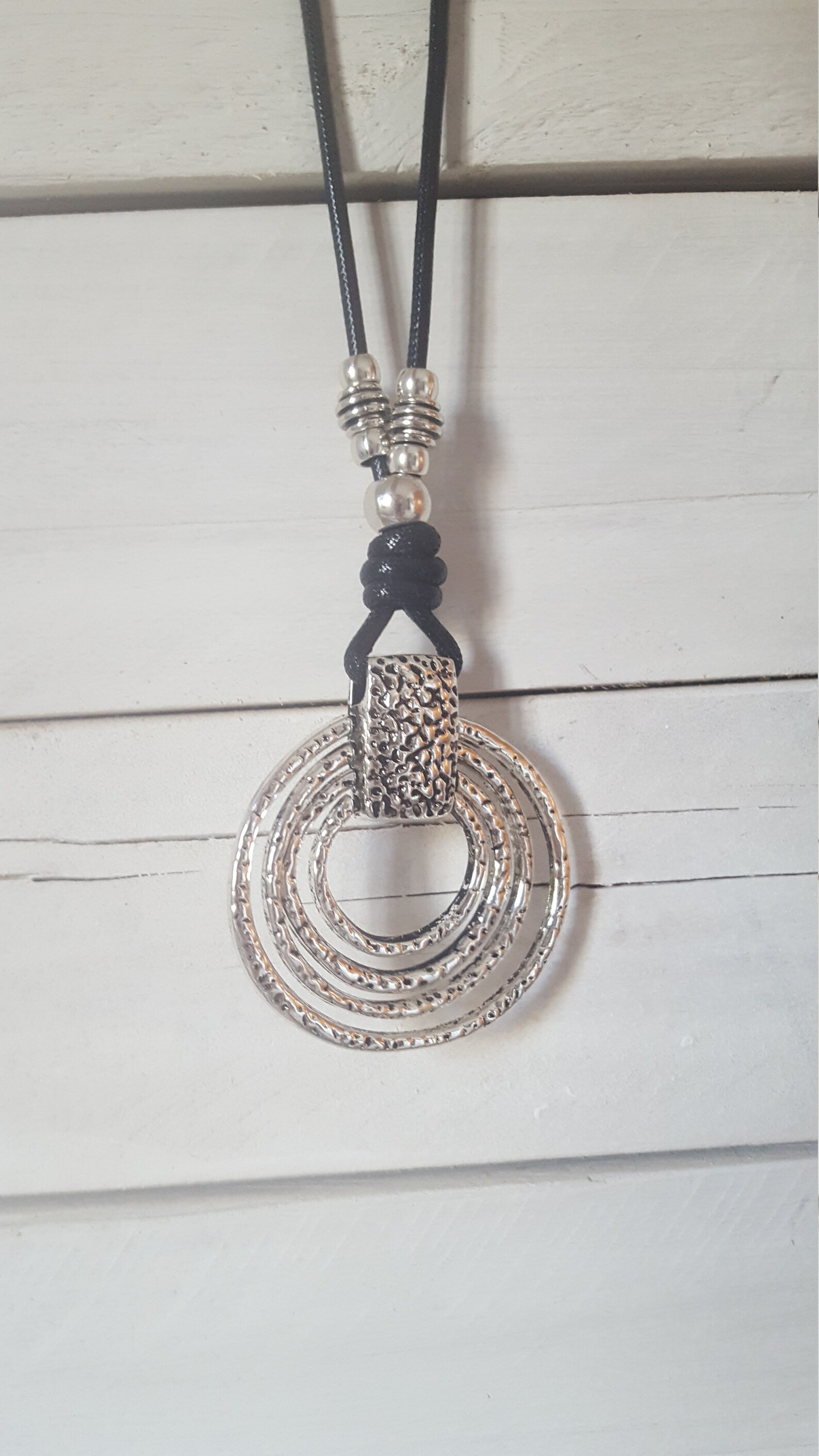 Long Leather Necklace, Round Pendant, Silver Pendant, Spiral Leather ...