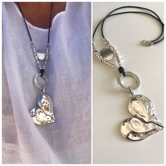 Long leather necklace long pendant necklace heart love | Etsy