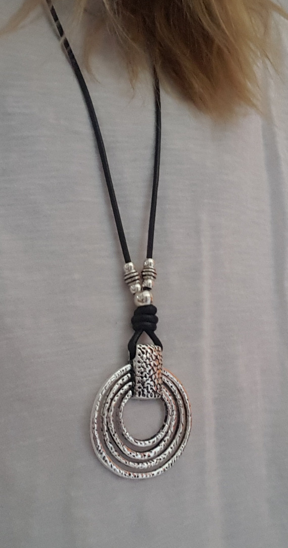 Long Leather Necklace, Round Pendant, Silver Pendant, Spiral Leather ...