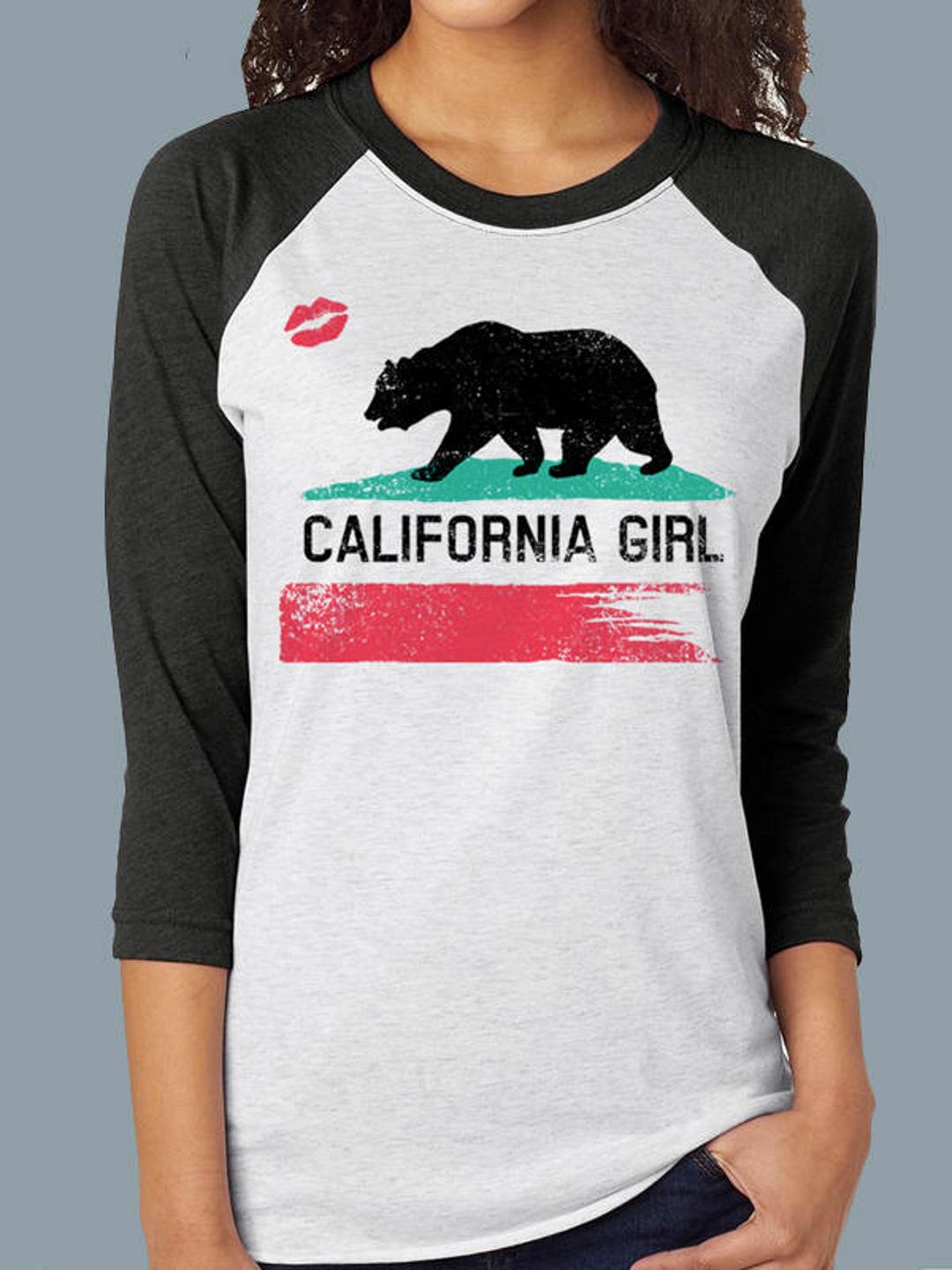 California Girl State Flag Republic Bear Red Lips 3/4 Sleeve Unisex ...