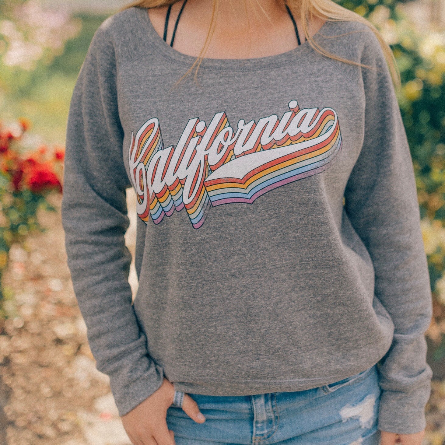 California Rainbow West Coast Grey Pullover Wide Neck Women's Girl's ...