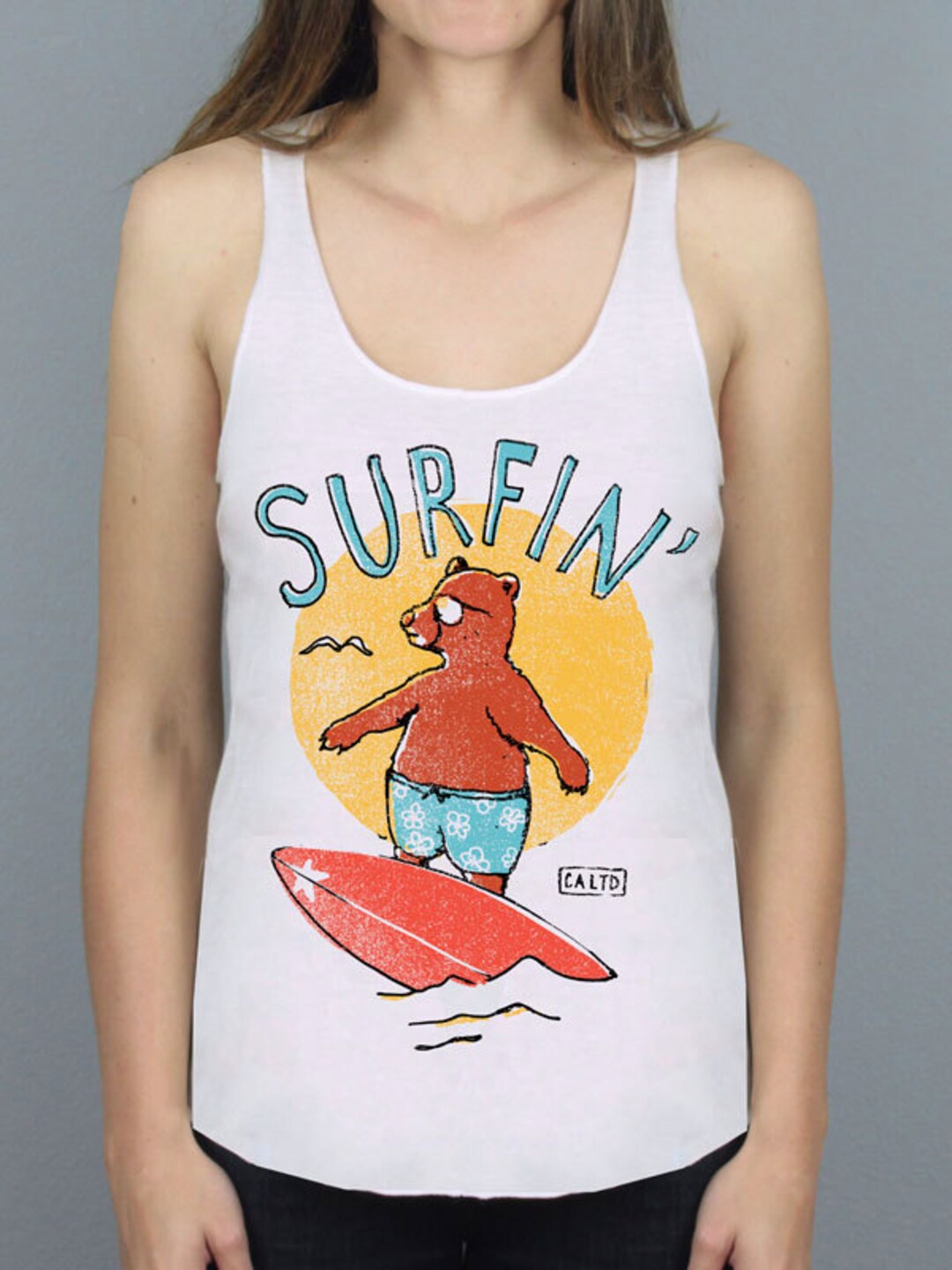 Surfin Bear Surfboard Ocean Waves Beach Sun Women's White Racerback ...
