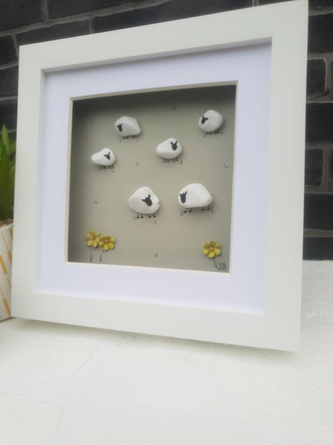 Handmade Pebble Art in White Frame sheep Grazing in | Etsy