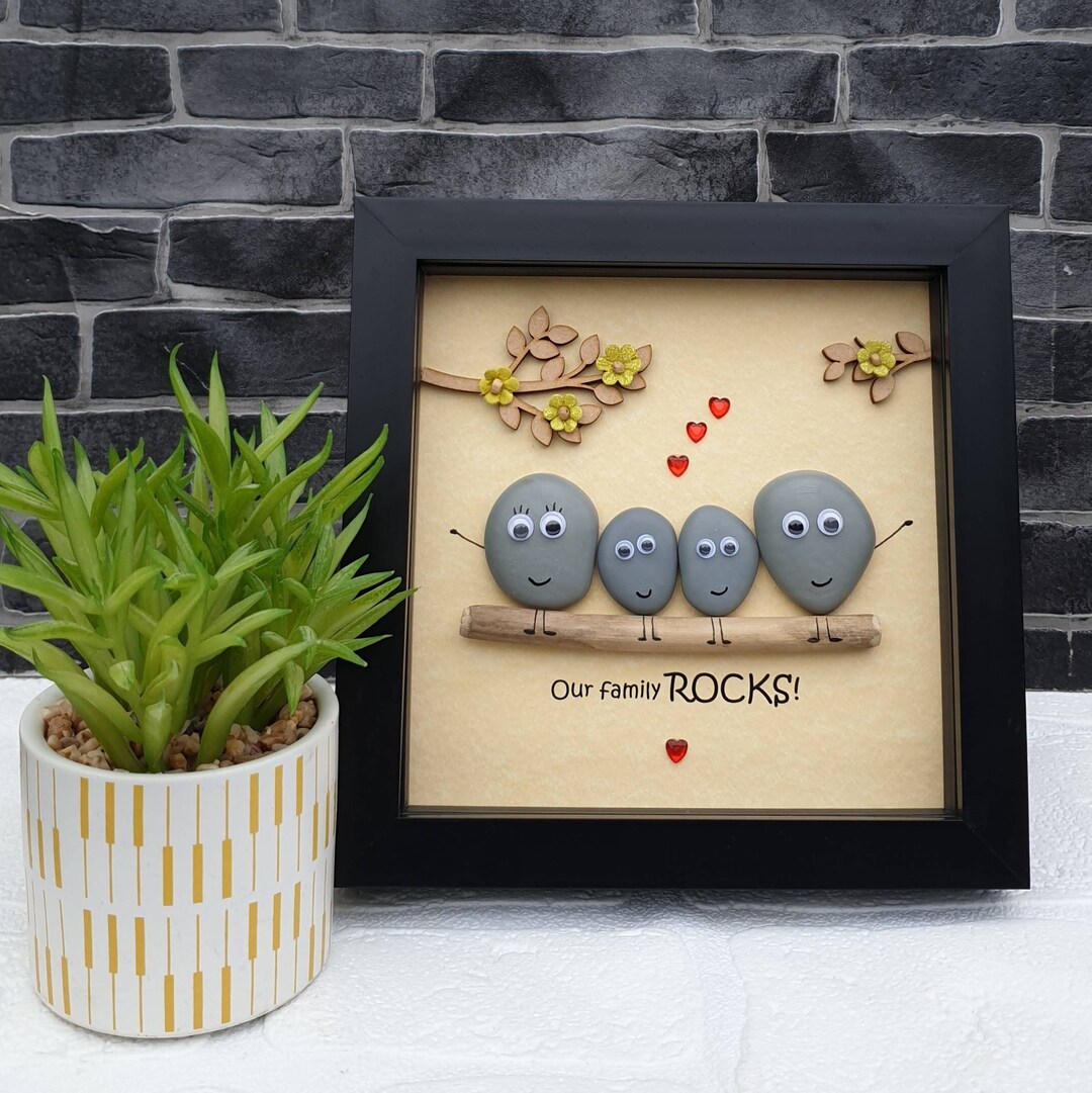 Family of Four Pebble Art "our Family Rocks!" in Deep Frame With ...