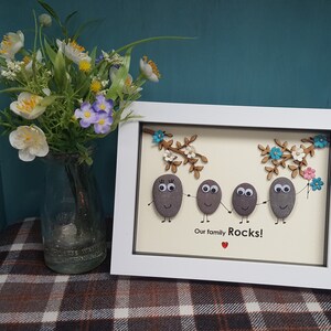 Quirky Family of 4 "our Family Rocks" Pebble Art in White Frame, Family ...