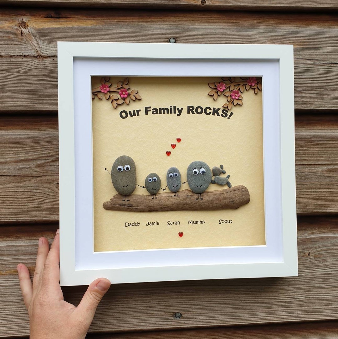 Personalised Pebble Art in Large White Frame, our Family Rocks With Pet ...