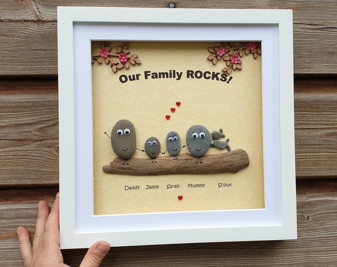 Personalised Pebble Art in Large White Frame, "our Family Rocks!" With ...