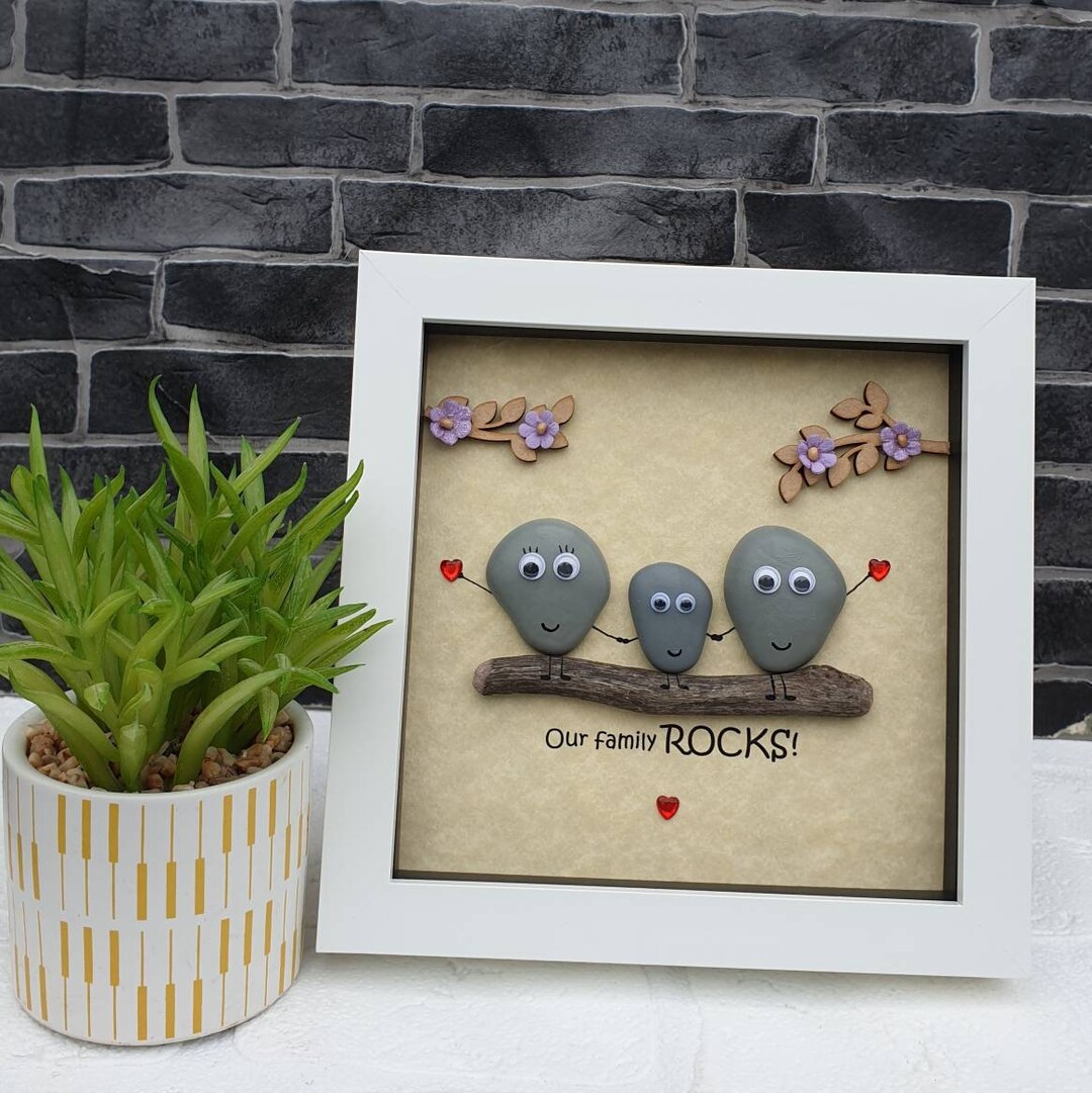 Family of Three Pebble Art "our Family Rocks!" in Deep Frame With ...