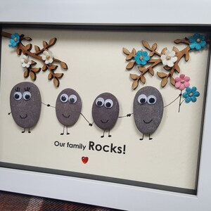 Quirky Family of 4 "our Family Rocks" Pebble Art in White Frame, Family ...