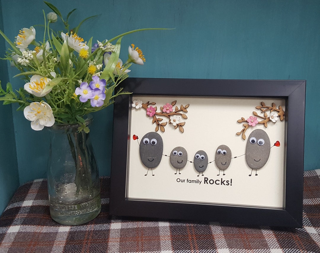 Quirky Family of Five "our Family Rocks" Pebble Art in Black Frame, 5 ...