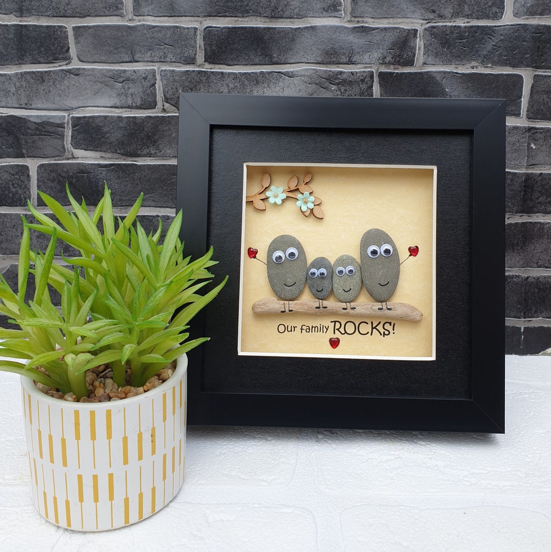Bespoke Pebble Art Family of Four, Our Family ROCKS! Quirky in Black ...