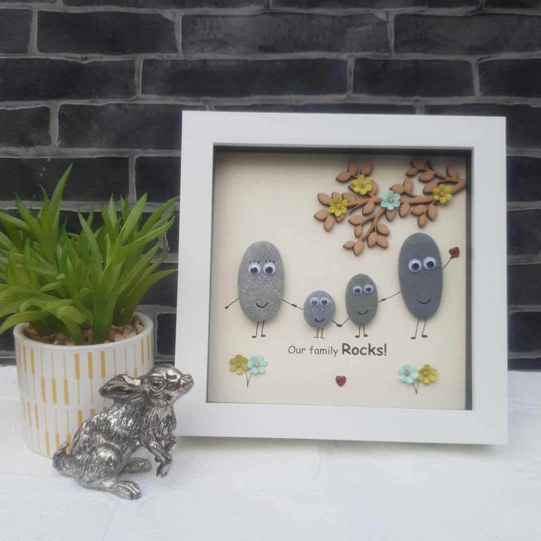 Quirky Family of 4 "our Family Rocks" Pebble Art in White Frame, Family ...