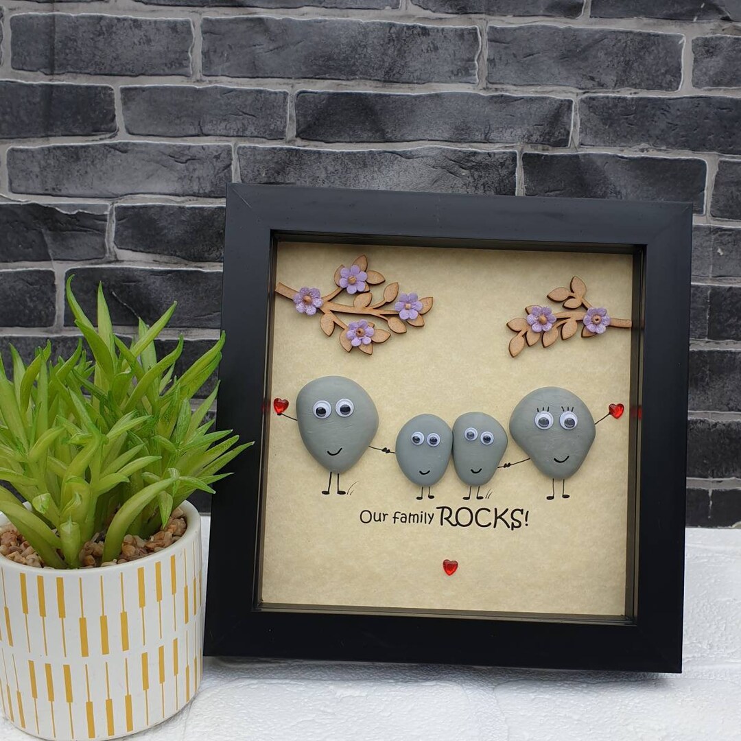 Quirky Family of Four Pebble Wall Art "our Family Rocks!" in Deep Frame ...