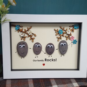 Quirky Family of 4 "our Family Rocks" Pebble Art in White Frame, Family ...