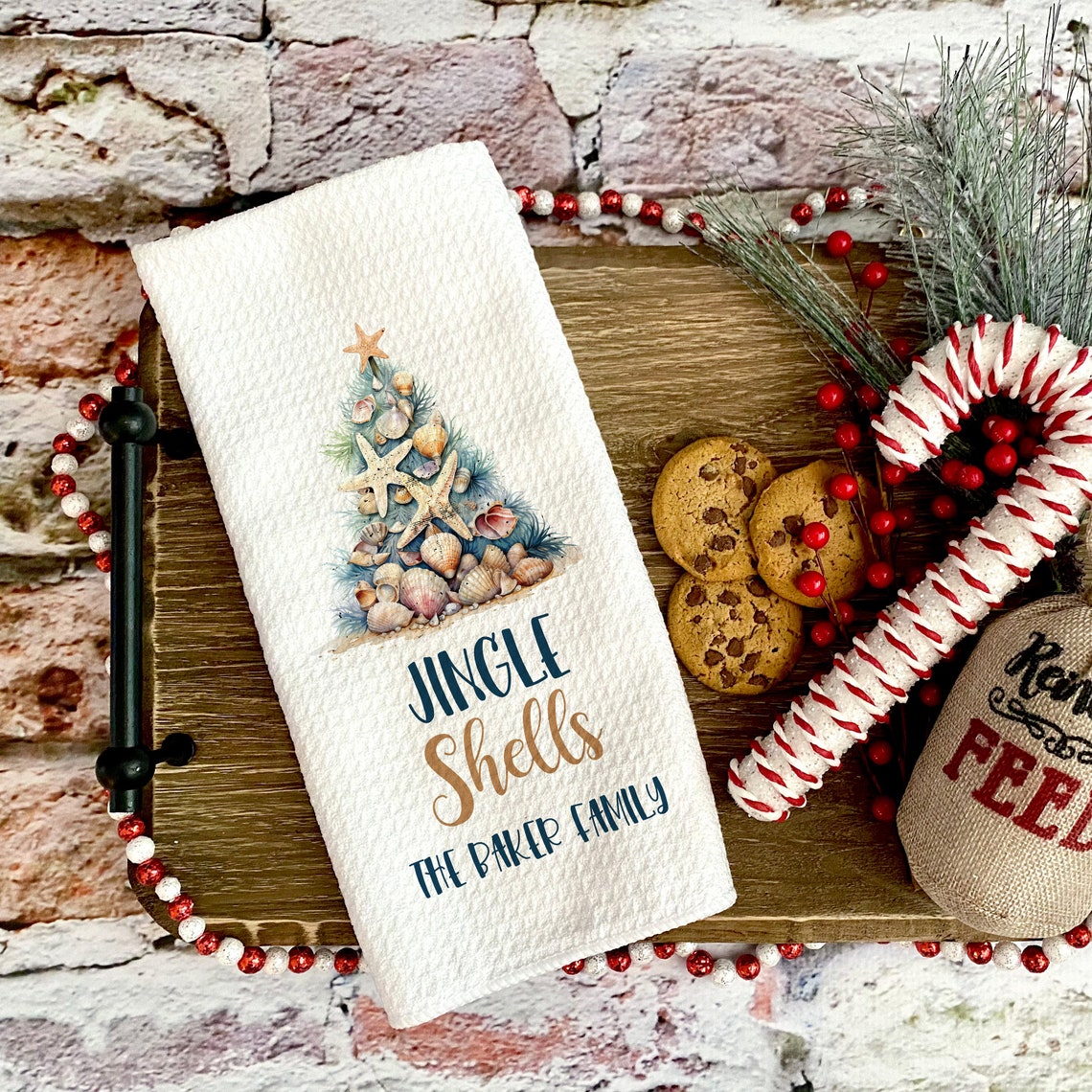 Personalized Jingle Shells Christmas Kitchen Towel | Custom Beach ...