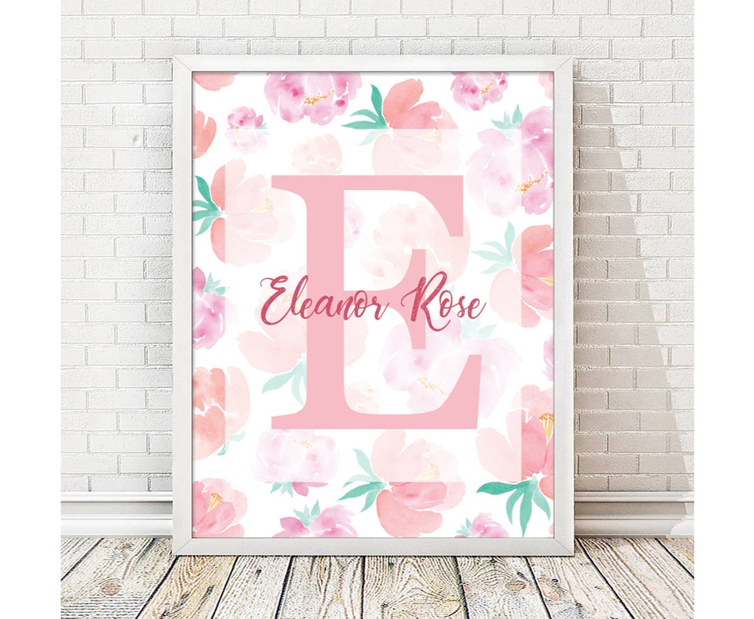 Girls Pink Floral Monogram Art Print | Girls Floral Nursery | Nursery ...