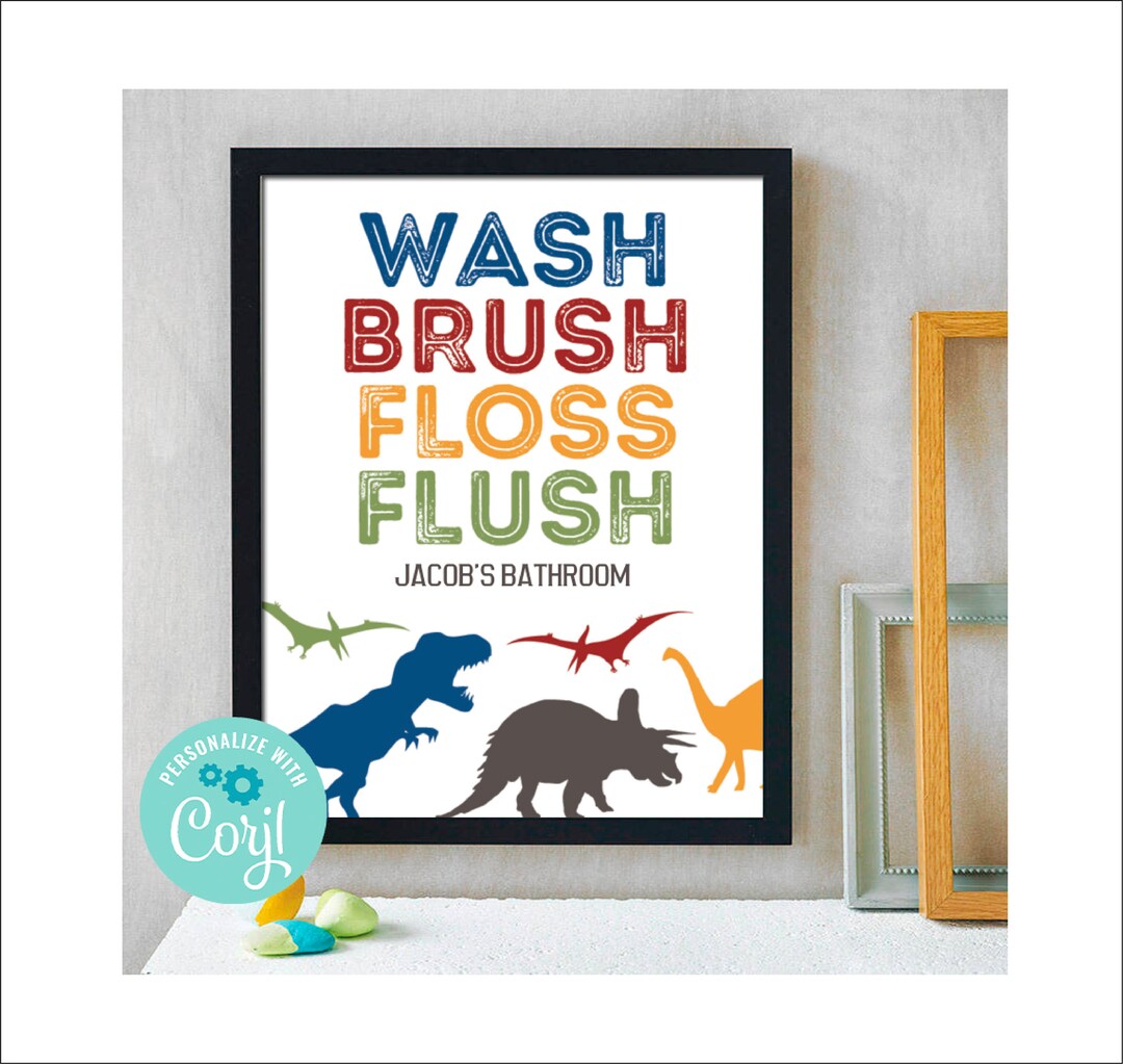 Digital Kids Dinosaur Theme Bathroom Art Print | Personalize Instantly ...