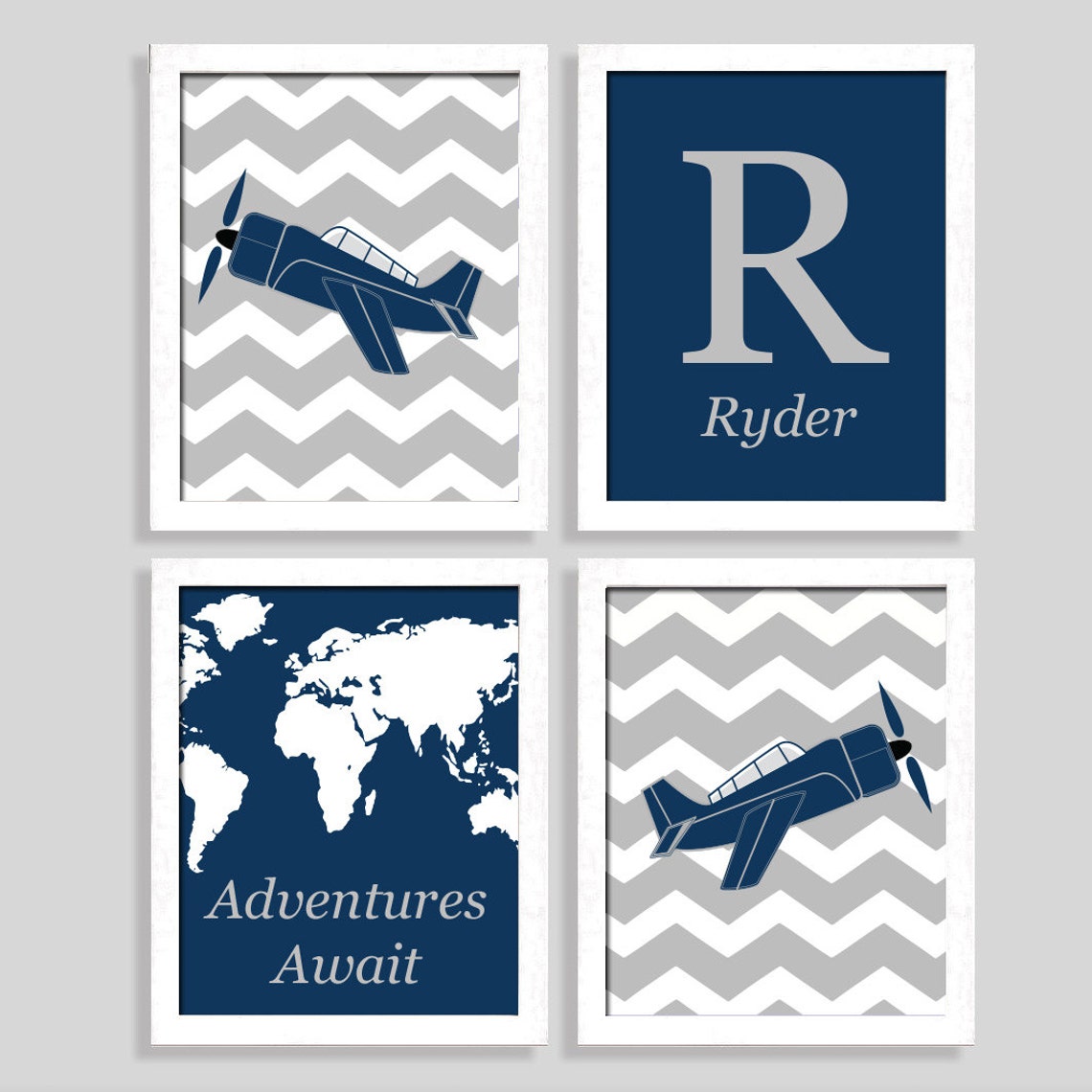 Chevron Plane Print Set Boy Nursery Art Airplane Room - Etsy