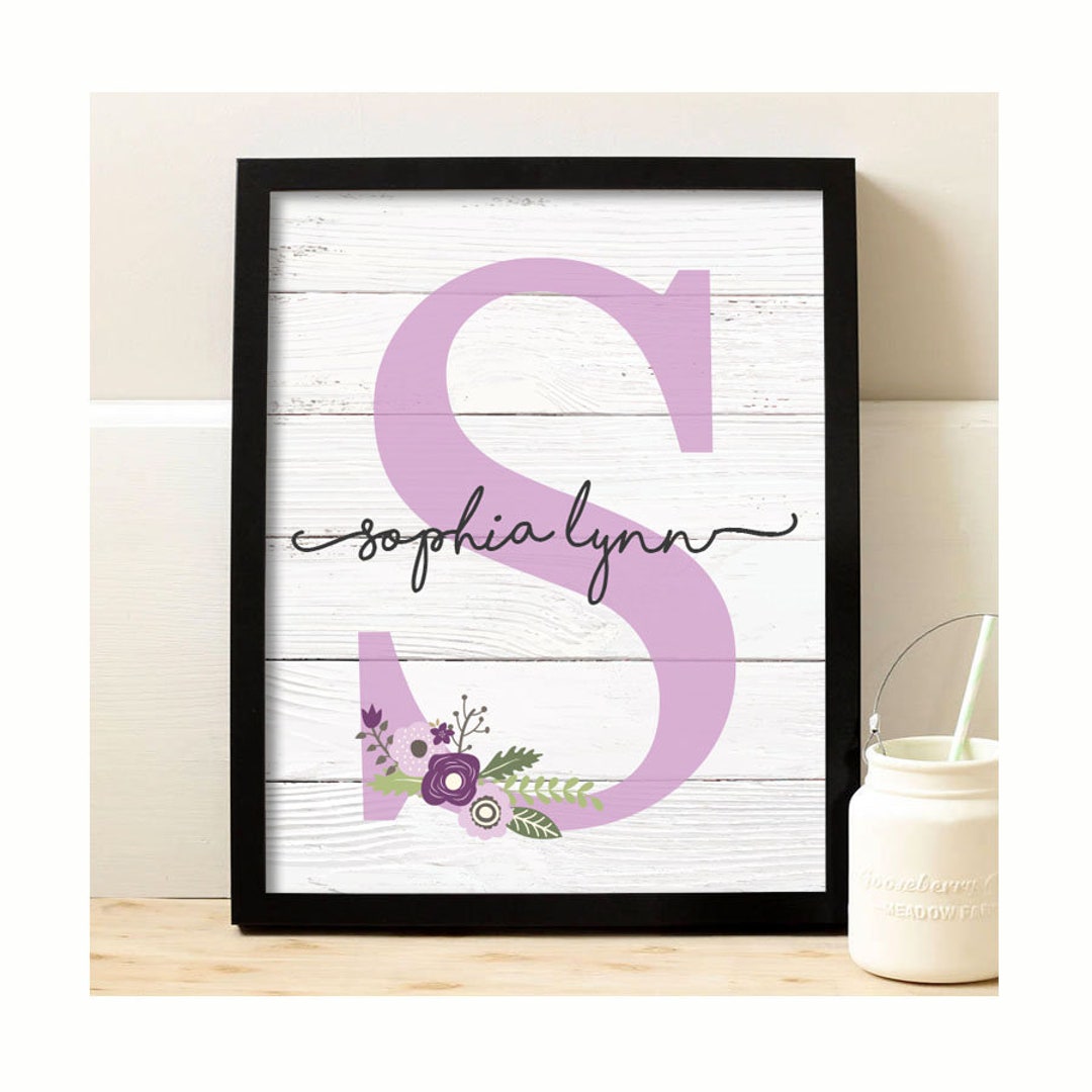 Floral Monogram Print | Paper Art Print | Boho Nursery | Purple Nursery ...