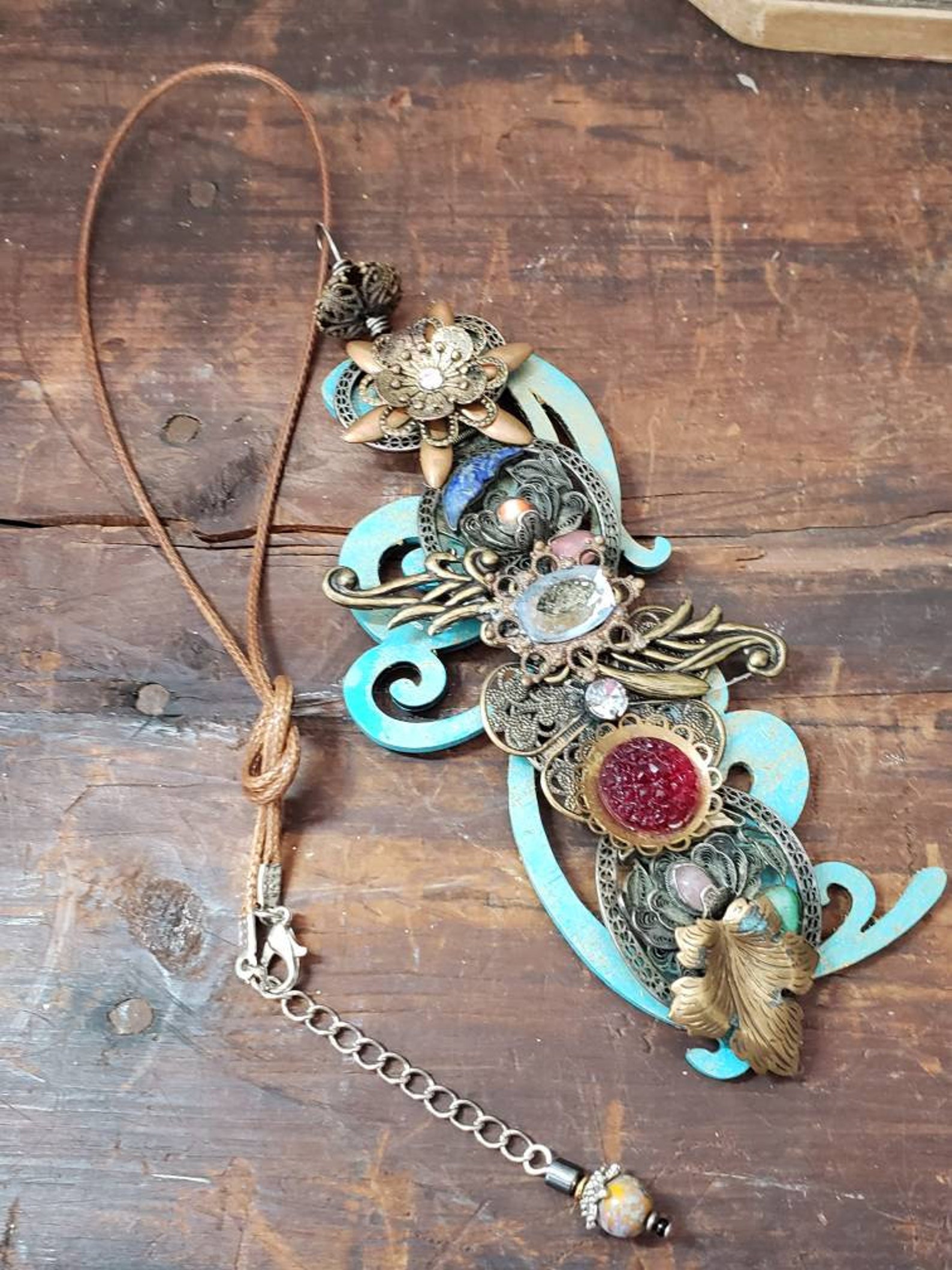 Bespoke Junk Vintage Necklace Designed With Handpainted Wood, an Array ...